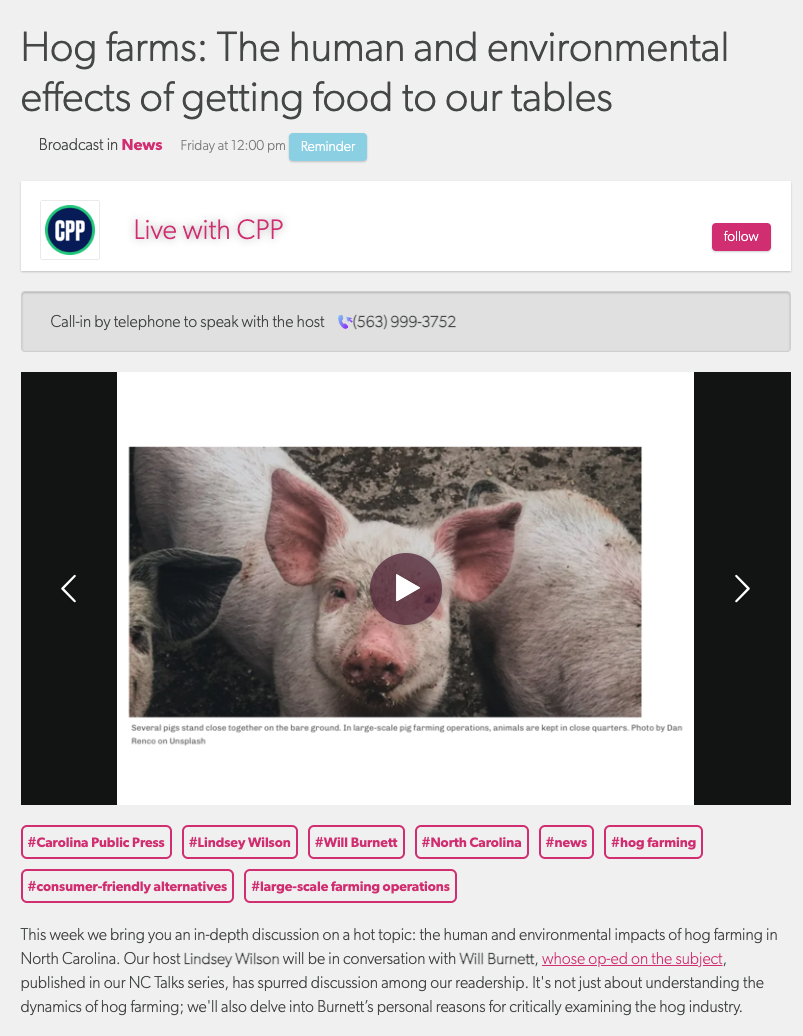 Upcoming radio show highlight: Delving into the hog farming in NC ...